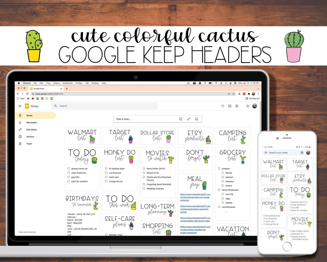Cute Colorful Cactus Google Keep Headers, Cute Fonts With Doodles ...