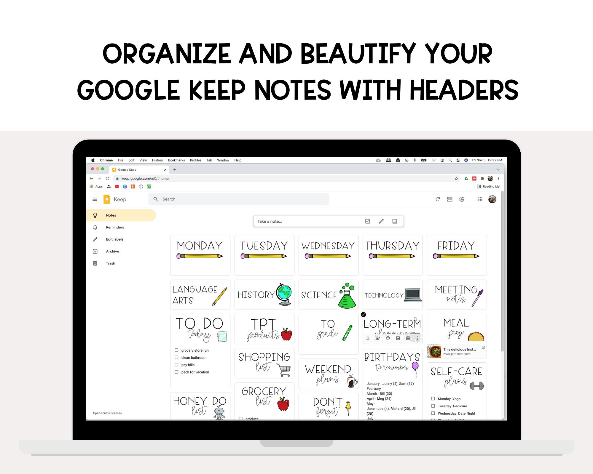 TEACHER EDITION Google Keep Headers, Cute Fonts, Colorful Doodles - Etsy