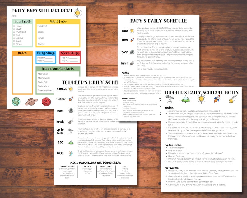 Space Themed Babysitter Report and Notes Pages Baby and Toddler Daily ...