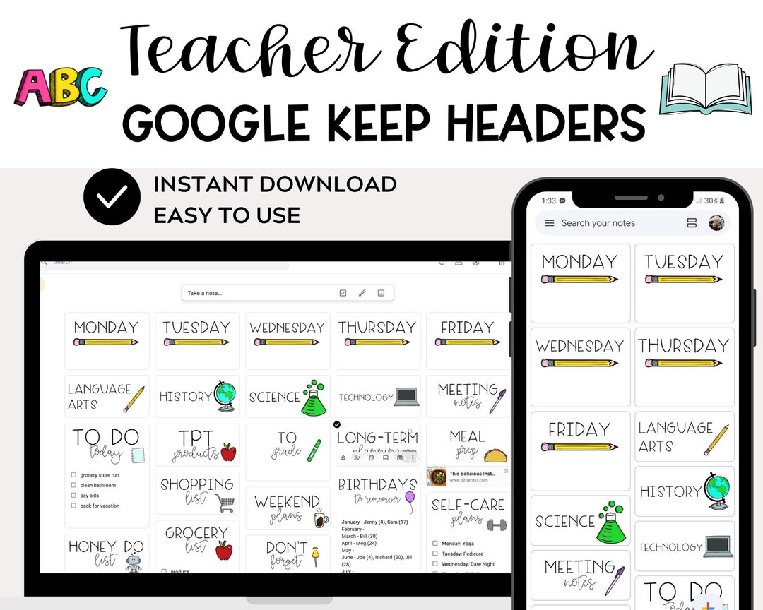 TEACHER EDITION Google Keep Headers, Cute Fonts, Colorful Doodles - Etsy