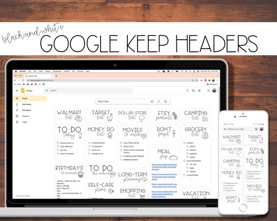 Black and White Google Keep Headers Cute Fonts With Doodles - Etsy