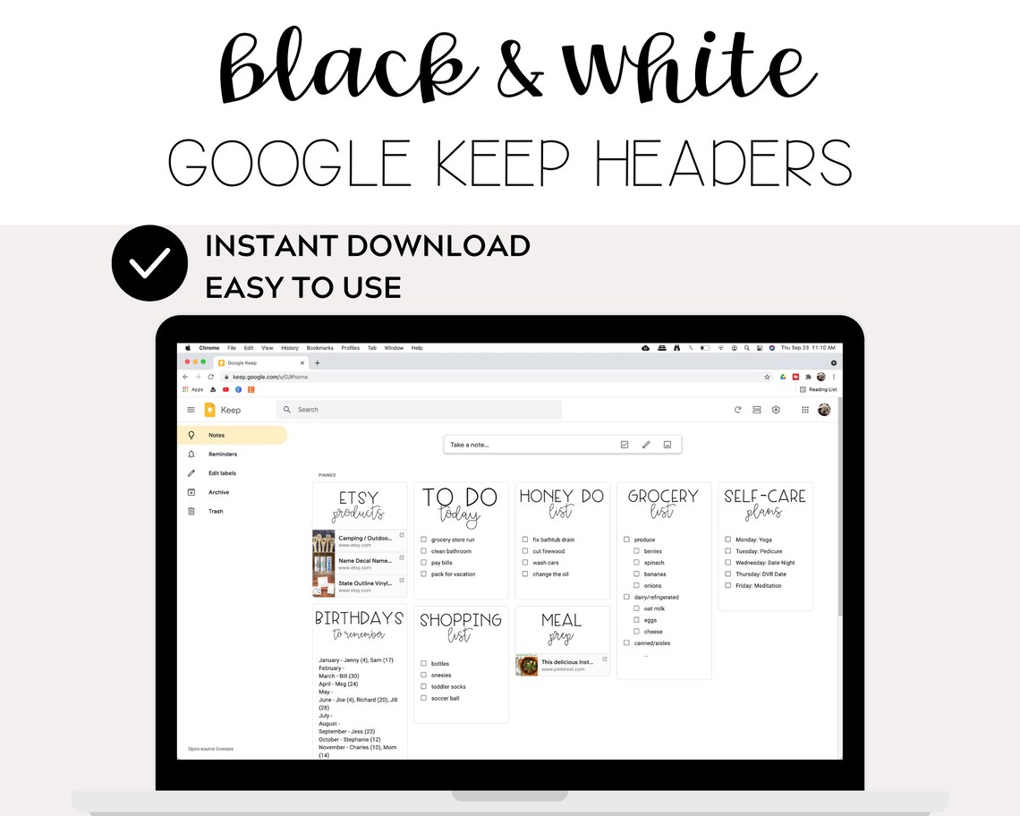 Google Keep Headers, Minimalist Design, Cute Fonts, Black and White - Etsy