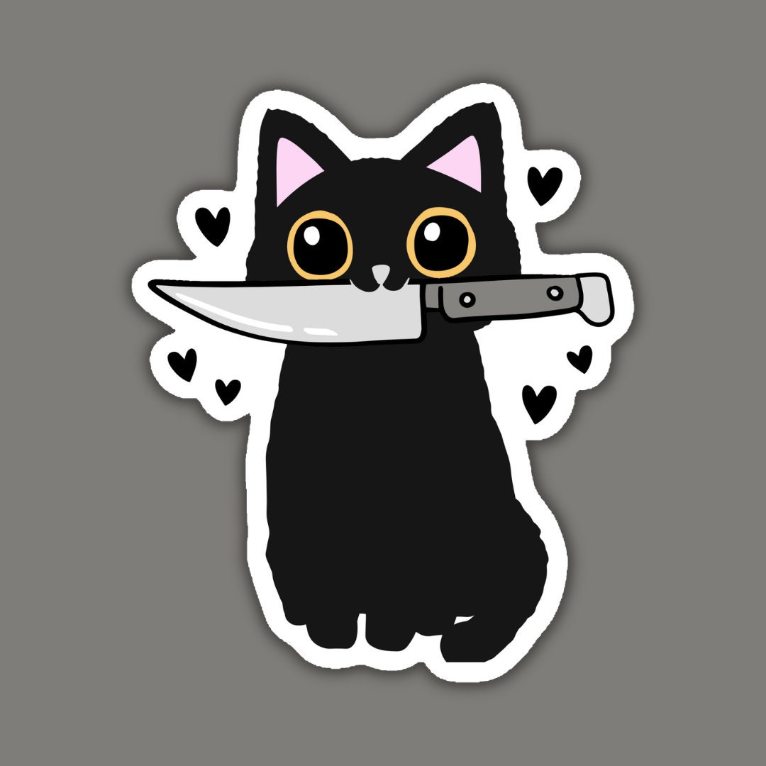 Black Cat With Knife Vinyl Sticker Etsy