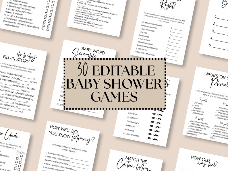 Baby Shower Game Bundle, 30 Editable Games + Answer Keys, Modern ...
