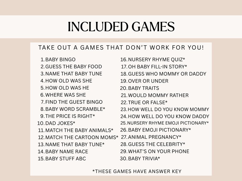 Baby Shower Game Bundle, 30 Editable Games + Answer Keys, Modern ...