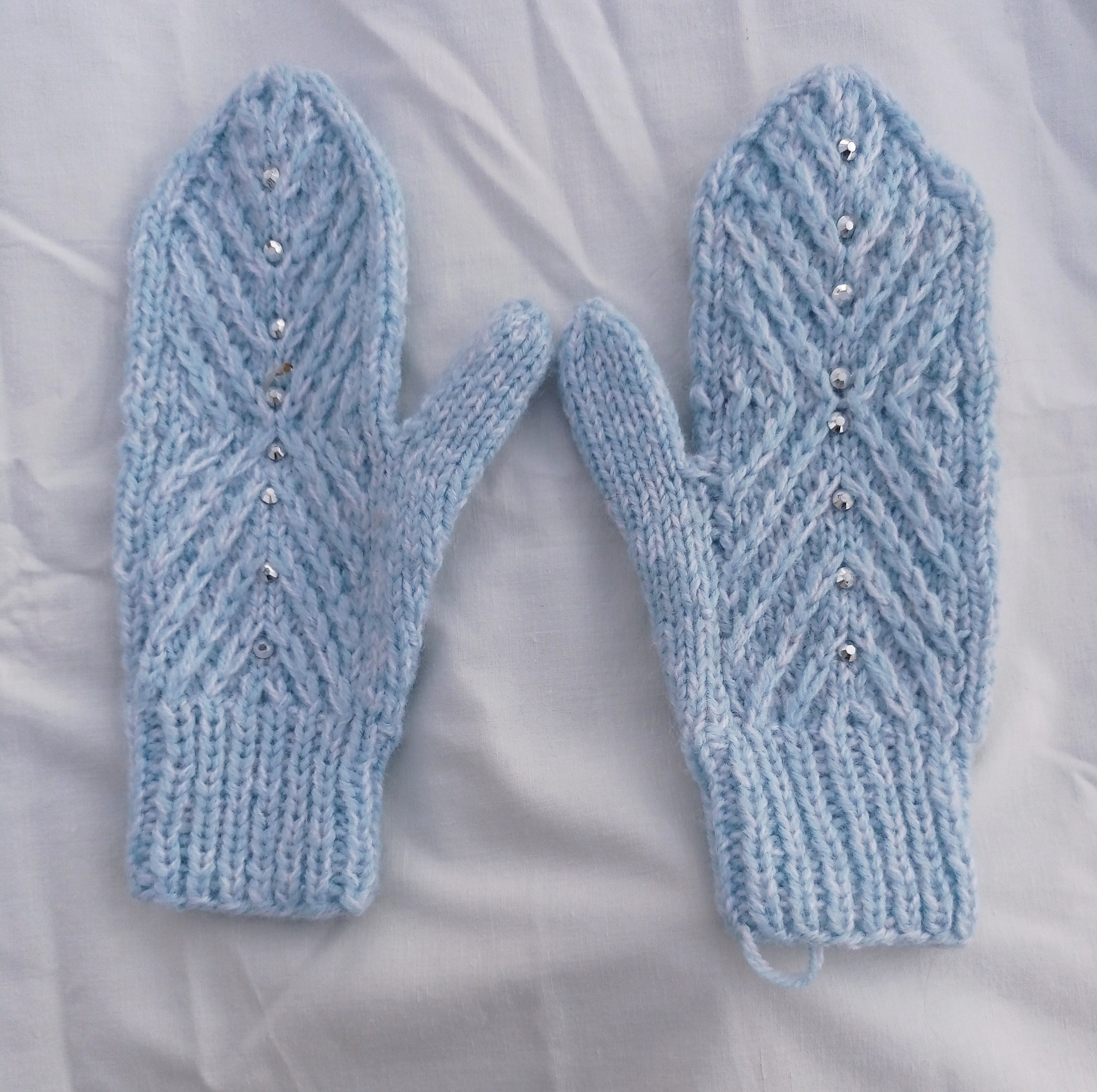 Hand-knitted Mittens for Women, Soft Blue, Patterned and Crystals, Warm ...