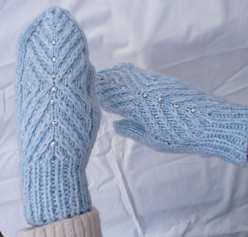 Hand-knitted Mittens for Women, Soft Blue, Patterned and Crystals, Warm ...