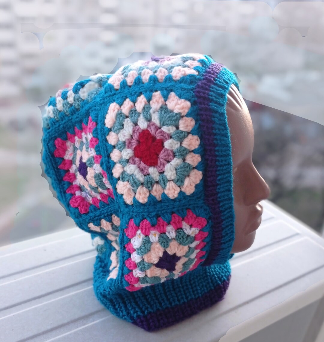 Crochet Balaclava, Thick Granny Square, Warm Blue Turquoise Colorful ...