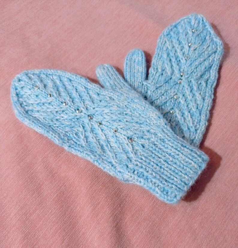 Hand-knitted Mittens for Women, Soft Blue, Patterned and Crystals, Warm ...