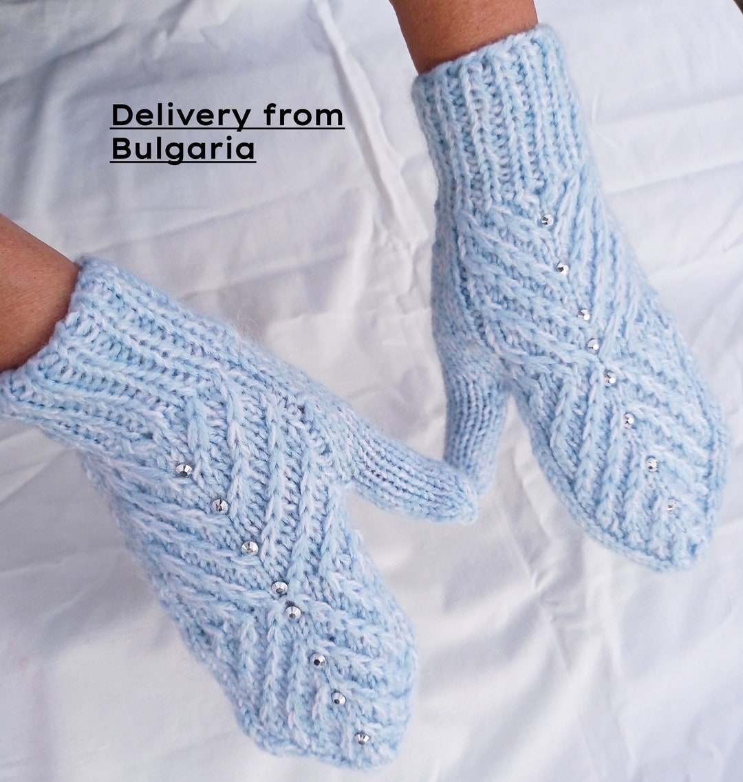Hand-knitted Mittens for Women Soft Blue Patterned and - Etsy