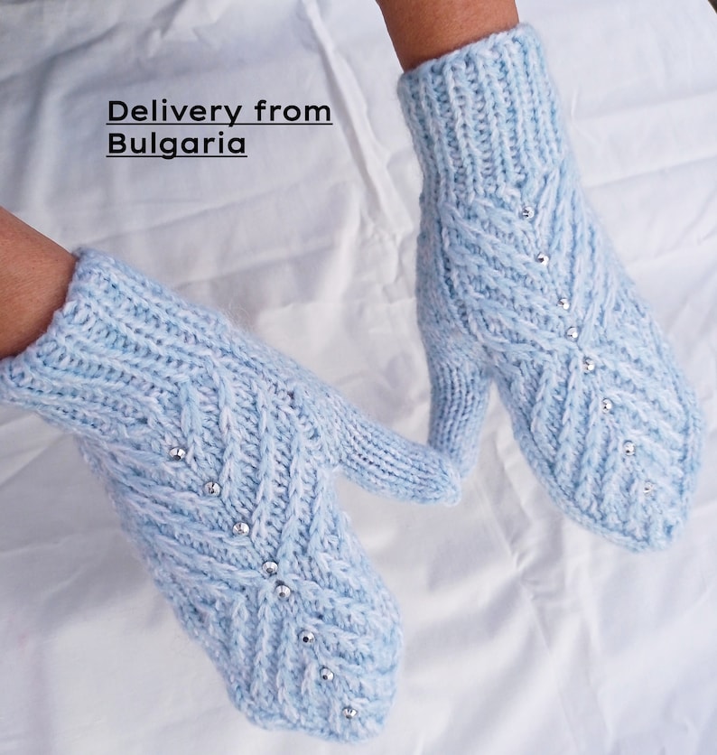 Hand-knitted Mittens for Women, Soft Blue, Patterned and Crystals, Warm ...
