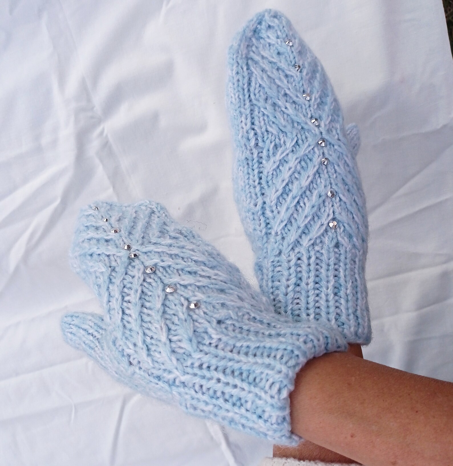 Hand-knitted Mittens for Women, Soft Blue, Patterned and Crystals, Warm ...