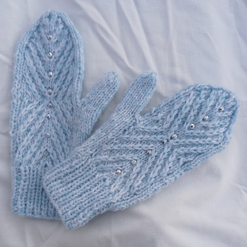 Hand-knitted Mittens for Women, Soft Blue, Patterned and Crystals, Warm ...