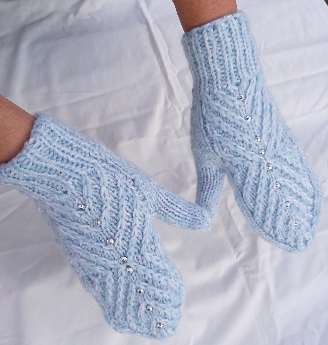 Hand-knitted Mittens for Women, Soft Blue, Patterned and Crystals, Warm ...