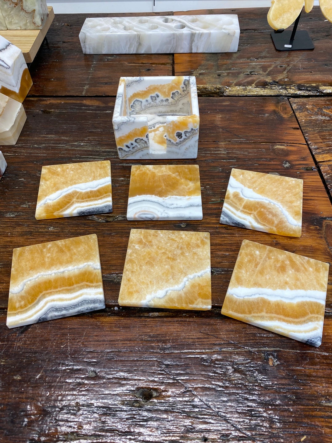 Banded Onyx Coaster Set Mexican Onyx Banded Orange Calcite Coasters ...