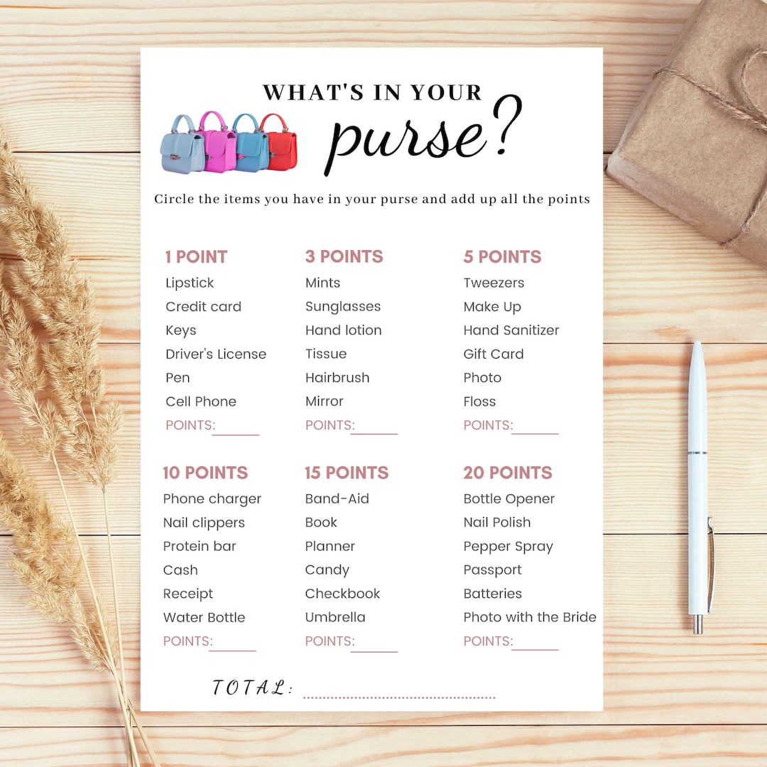 What's in Your Purse Bridal Shower Game, Purse Game, Bridal Shower ...