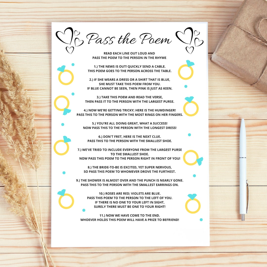 Pass the Poem Game, Bridal Shower Game, Wedding Shower, Digital File - Etsy