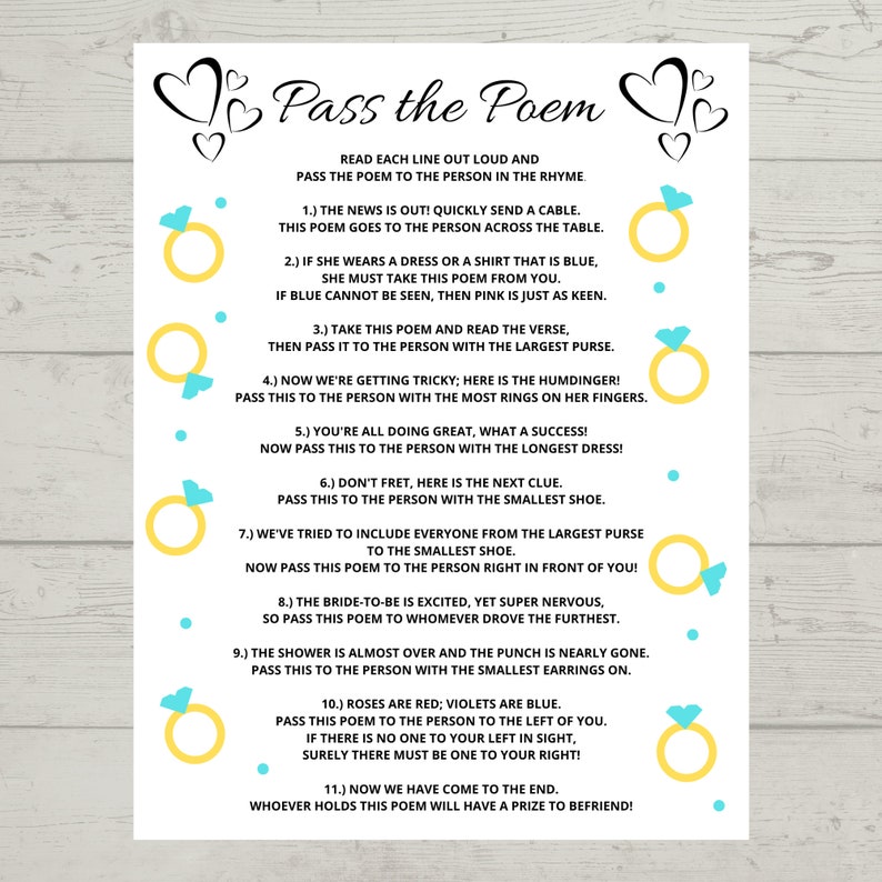Pass the Poem Game, Bridal Shower Game, Wedding Shower, Digital File - Etsy