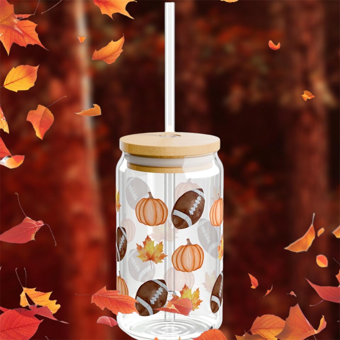 Glass Tumbler With Straw and Lid Fall Theme, Glass Iced Coffee Cup ...