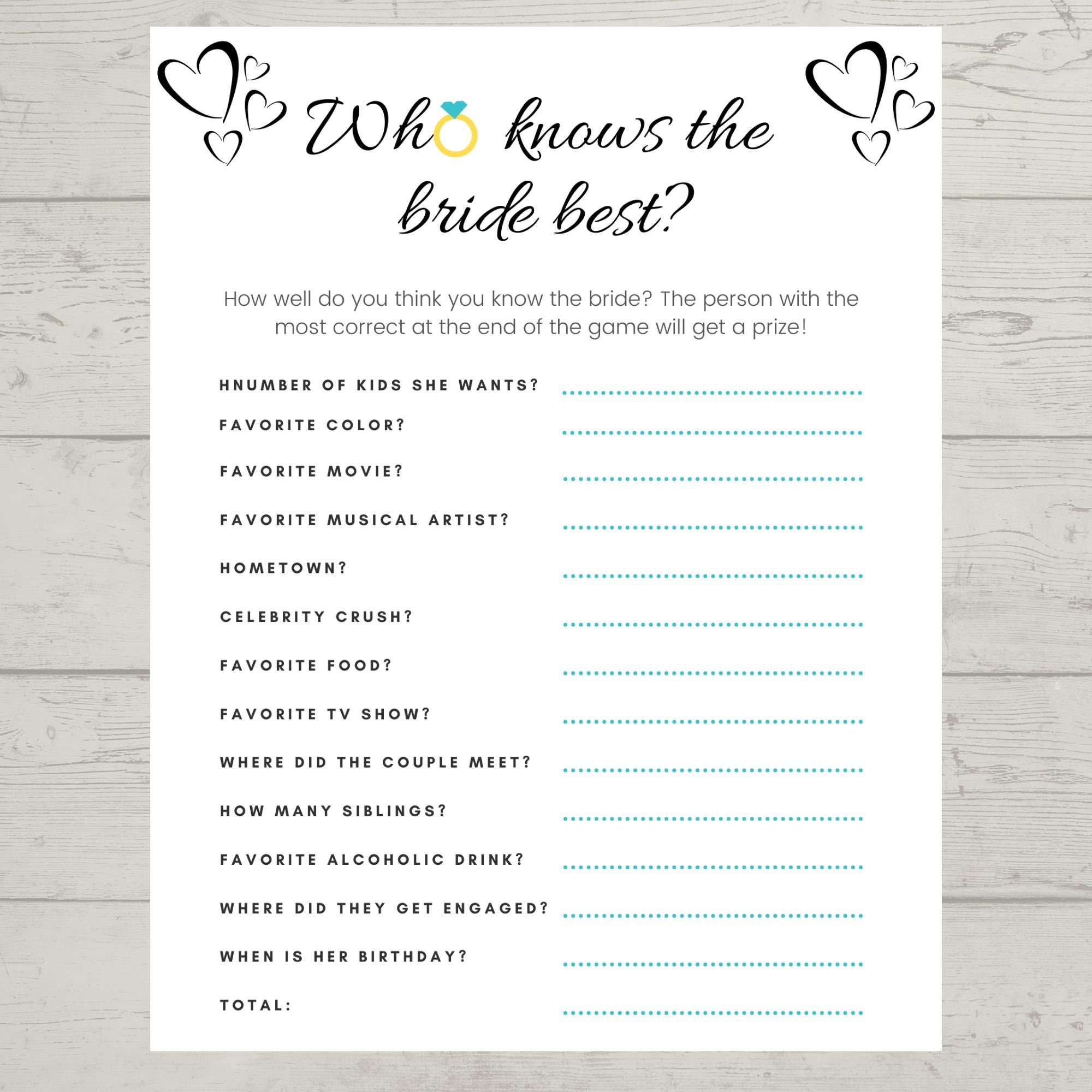 Who Knows the Bride... Bridal Shower Game, Bridal Shower Game, Digital ...