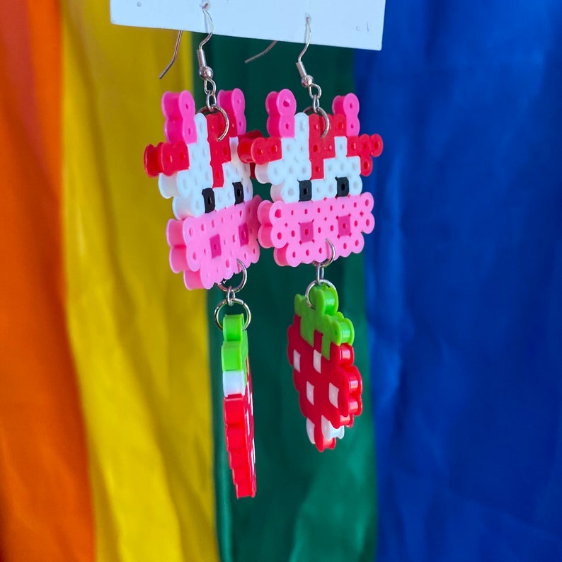 Strawberry Cow Earrings - Pink Cow Perler Beads - Etsy