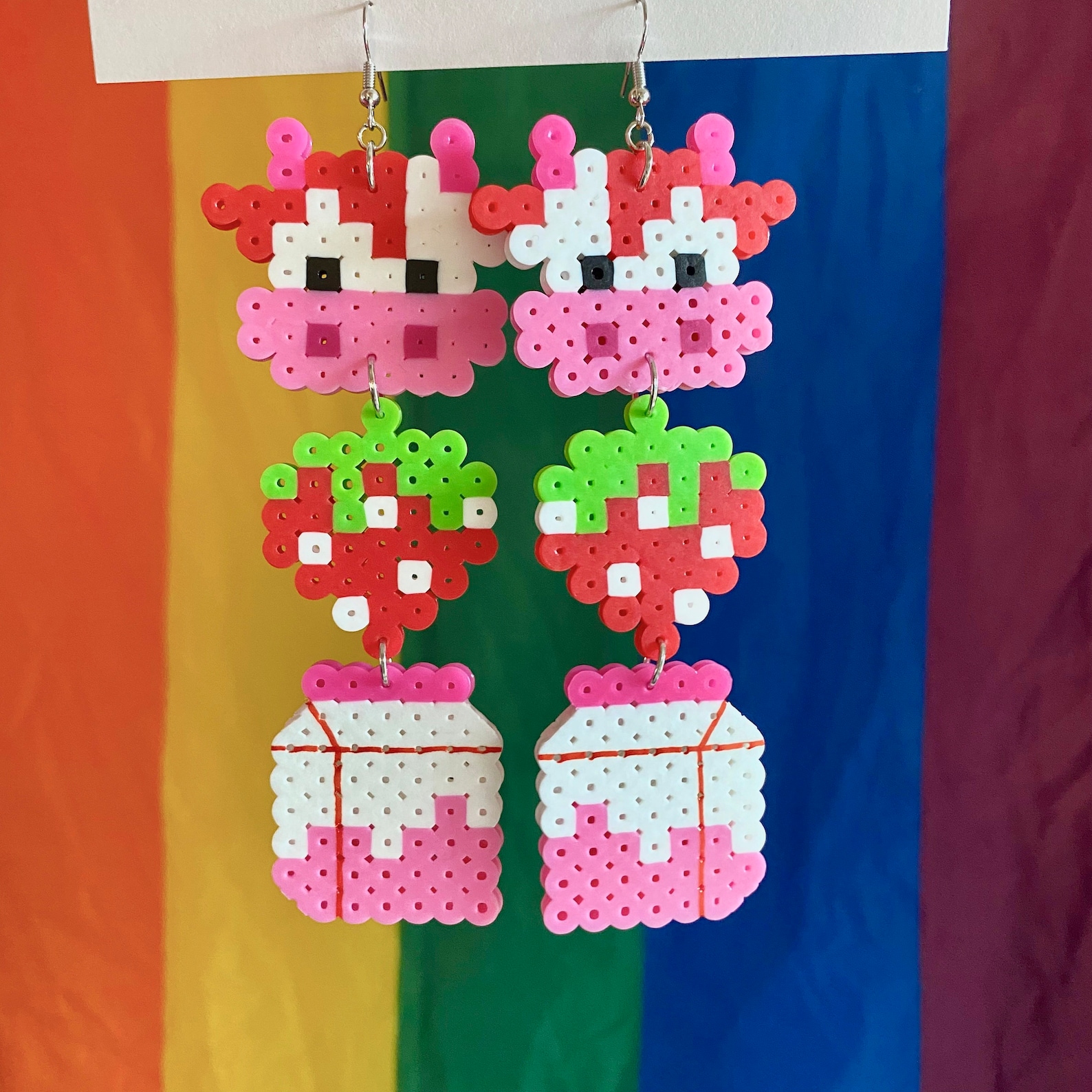 Strawberry Cow Earrings Pink Cow Perler Beads - Etsy