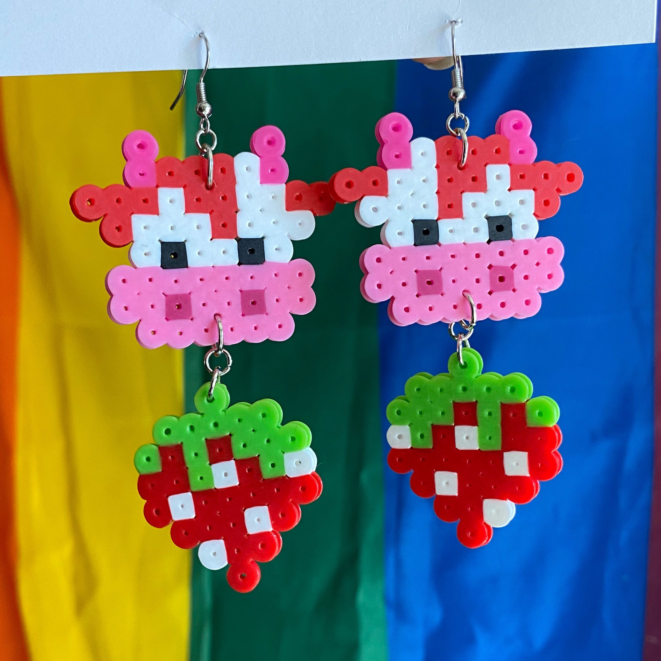Strawberry Cow Earrings - Pink Cow Perler Beads - Etsy