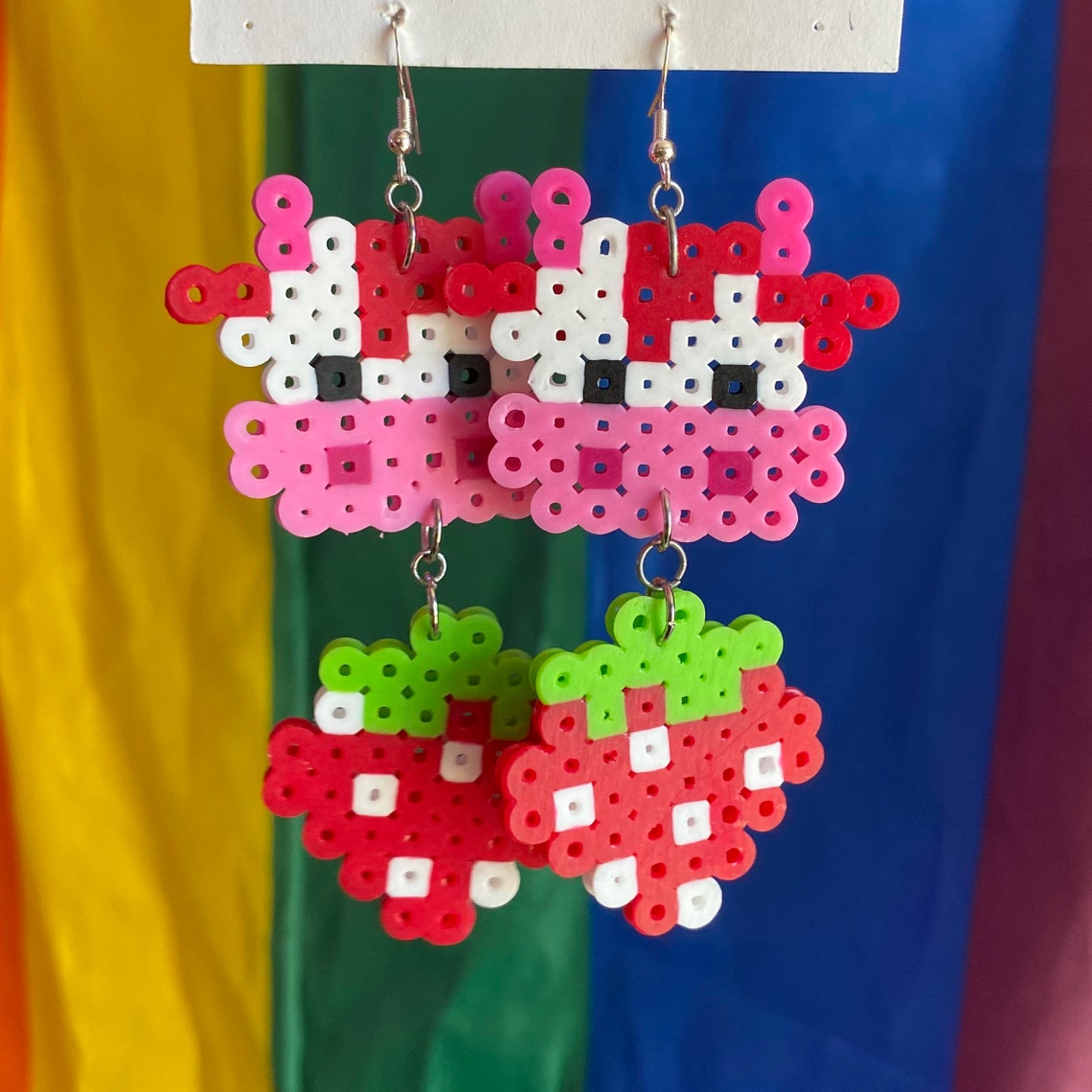 Strawberry Cow Earrings pink cow Perler Beads | Etsy