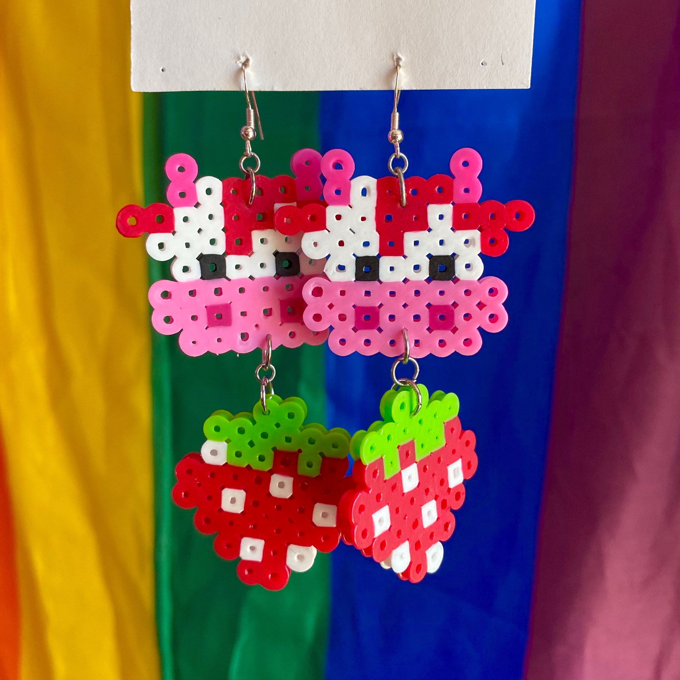 Strawberry Cow Earrings pink cow Perler Beads | Etsy