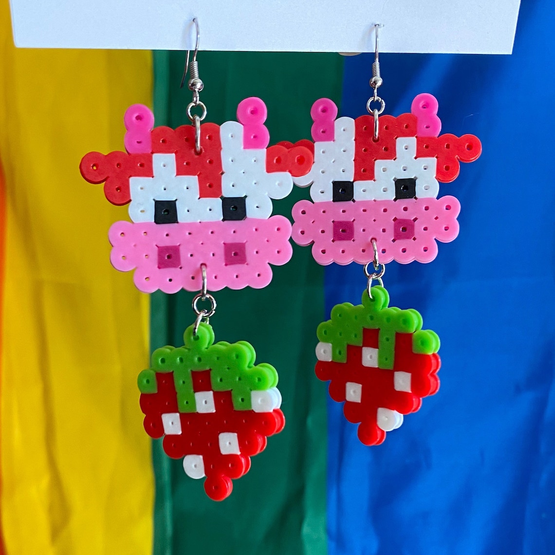 Strawberry Cow Earrings - Pink Cow Perler Beads - Etsy