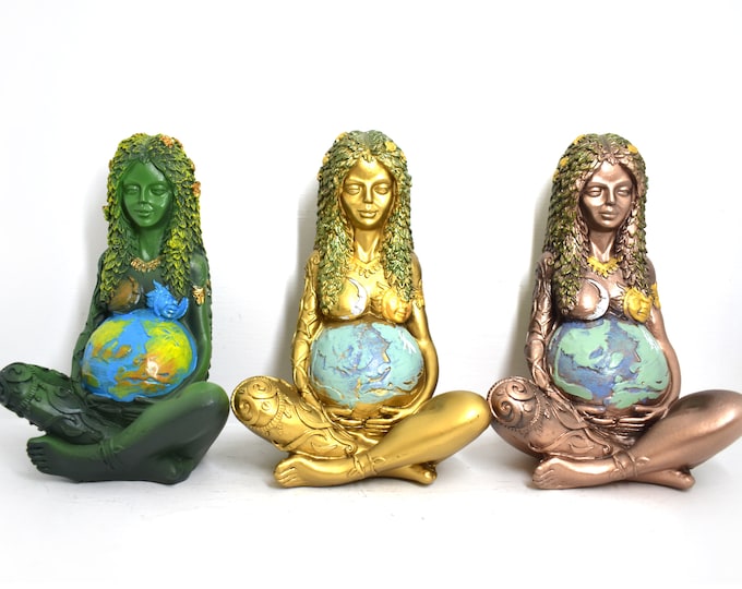 Gaia Pregnant Mother Earth Statue 3" Hand Painted Bronze Gold Green ...