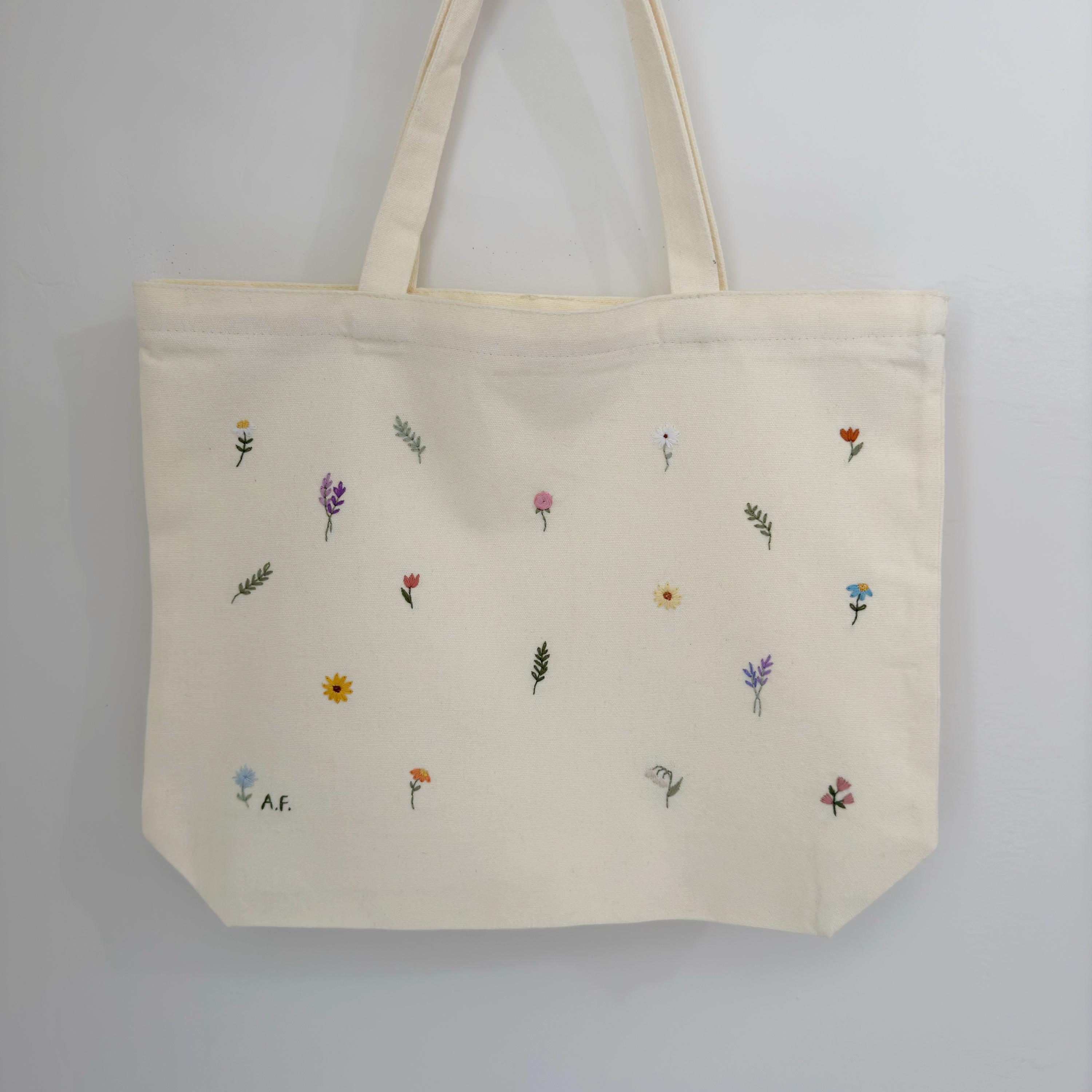 Hand Embroidered Floral Tote Bag: Personalized Initial Cotton Zipper ...