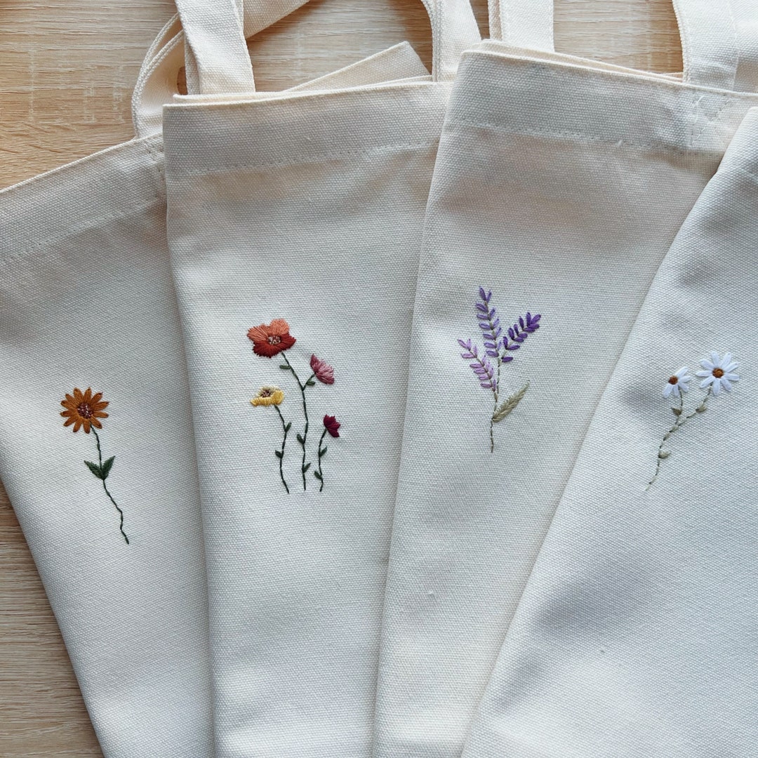 Basic Flower Tote Bag, Hand Embroidered Flower Tote, Sunflower Tote ...