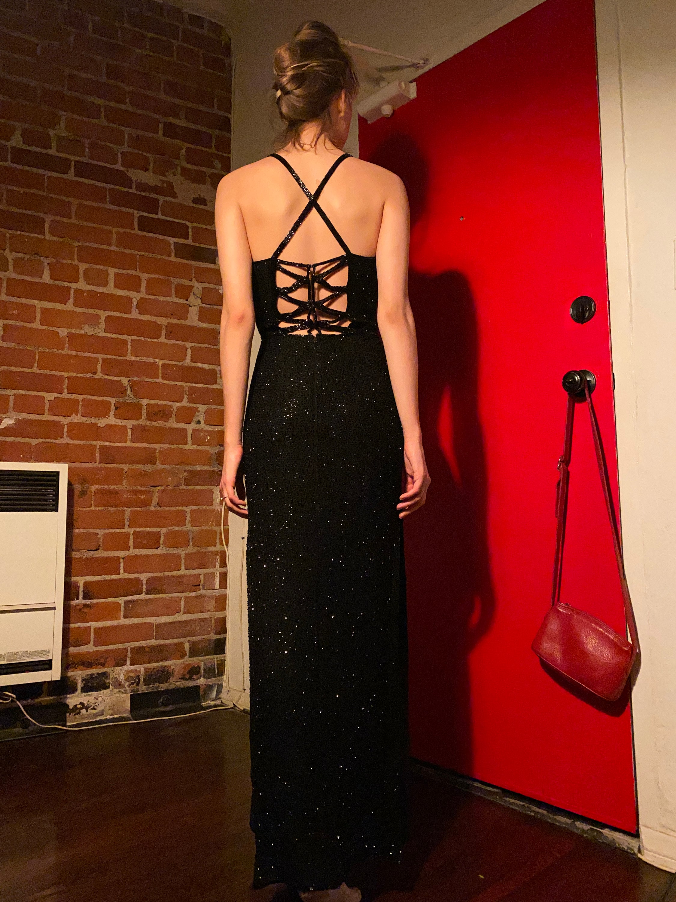 Vintage Beaded Black Swirl Long Gown Cross Low Back Slit Legs Dress ...