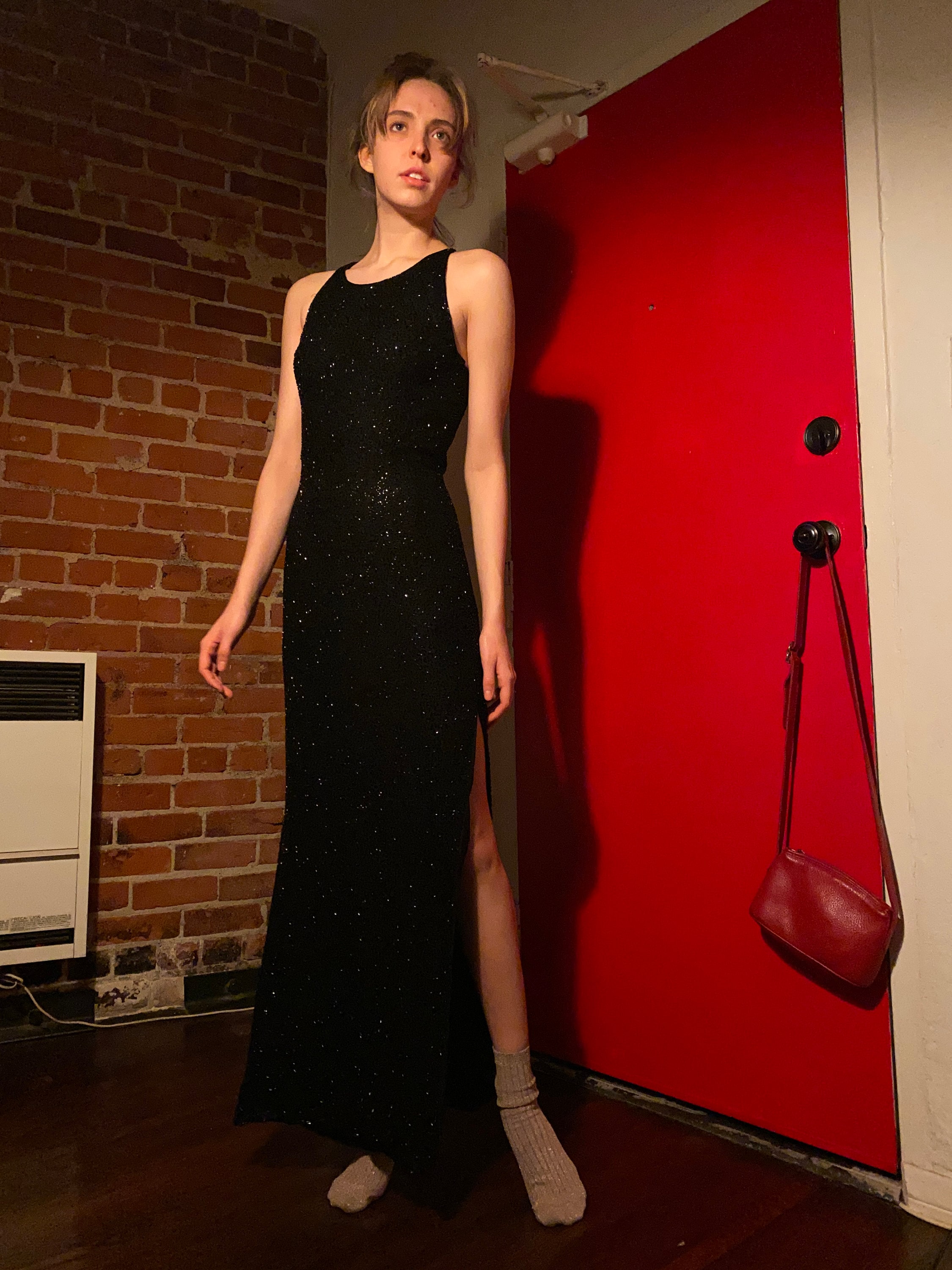 Vintage Beaded Black Swirl Long Gown Cross Low Back Slit Legs Dress ...