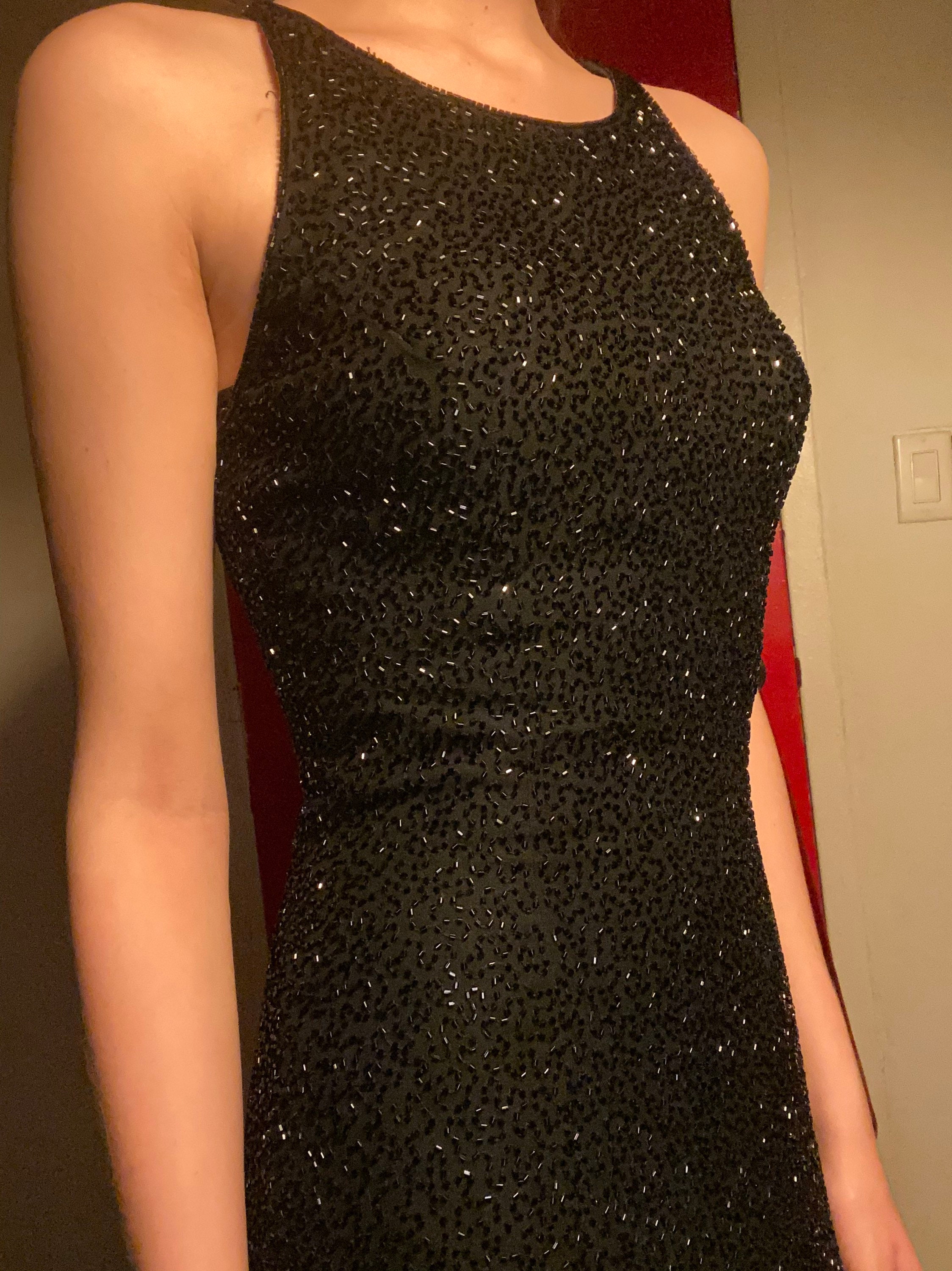 Vintage Beaded Black Swirl Long Gown Cross Low Back Slit Legs Dress ...