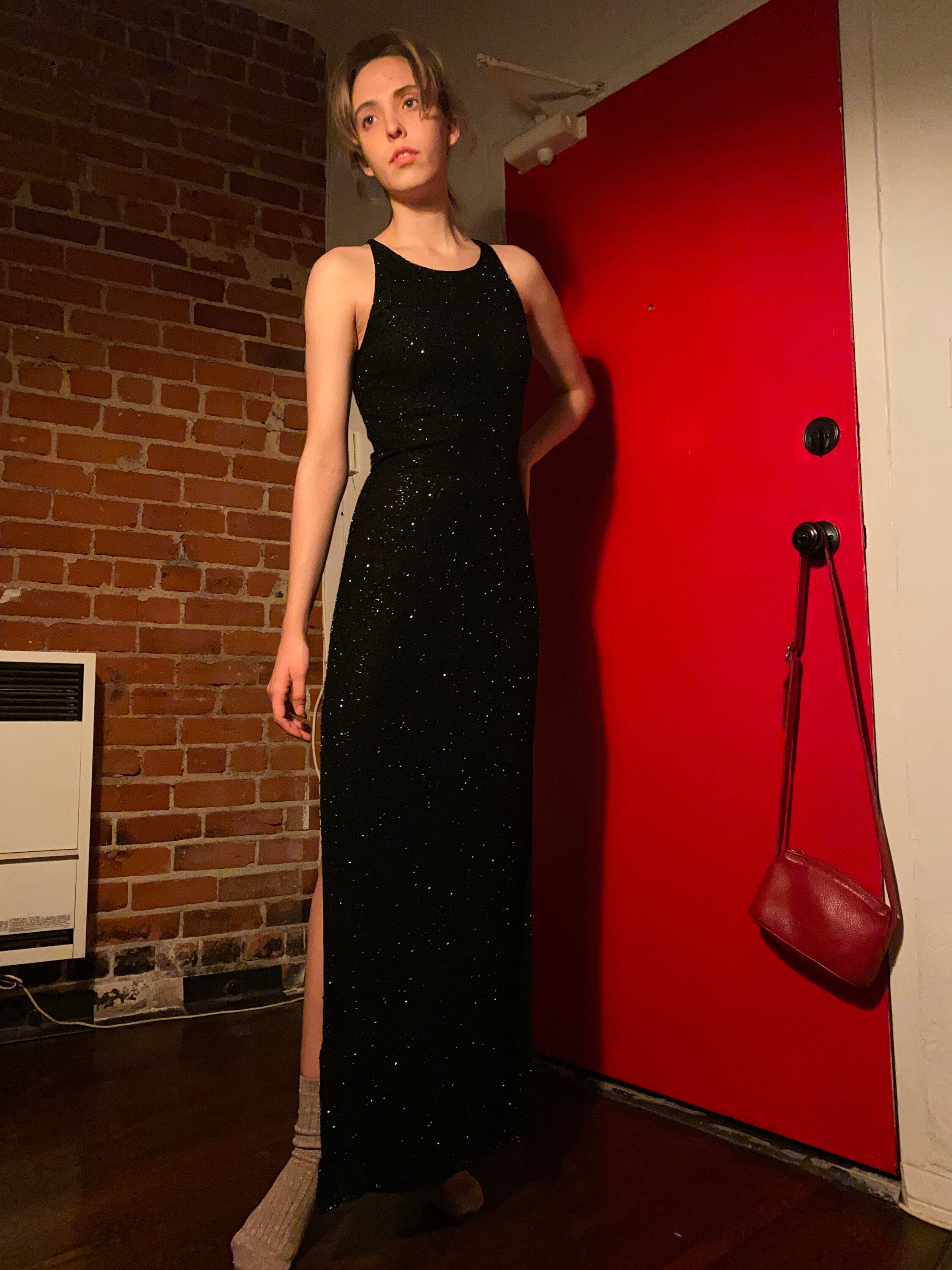 Vintage Beaded Black Swirl Long Gown Cross Low Back Slit Legs Dress ...