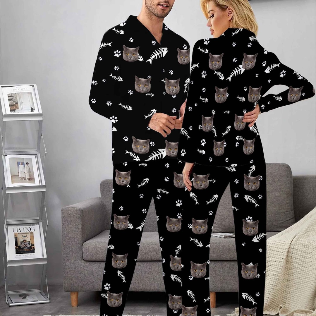 Cat Face Custom Pajamas Set, Long-sleeved Pajamas Sets for Couple ...