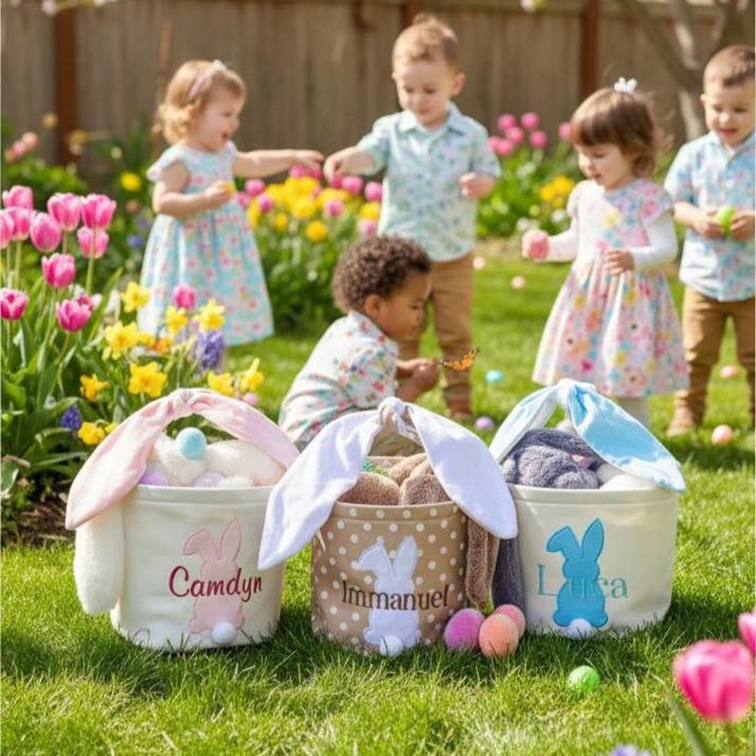 Seersucker Easter Basket, Embroidered Easter Basket With Name ...