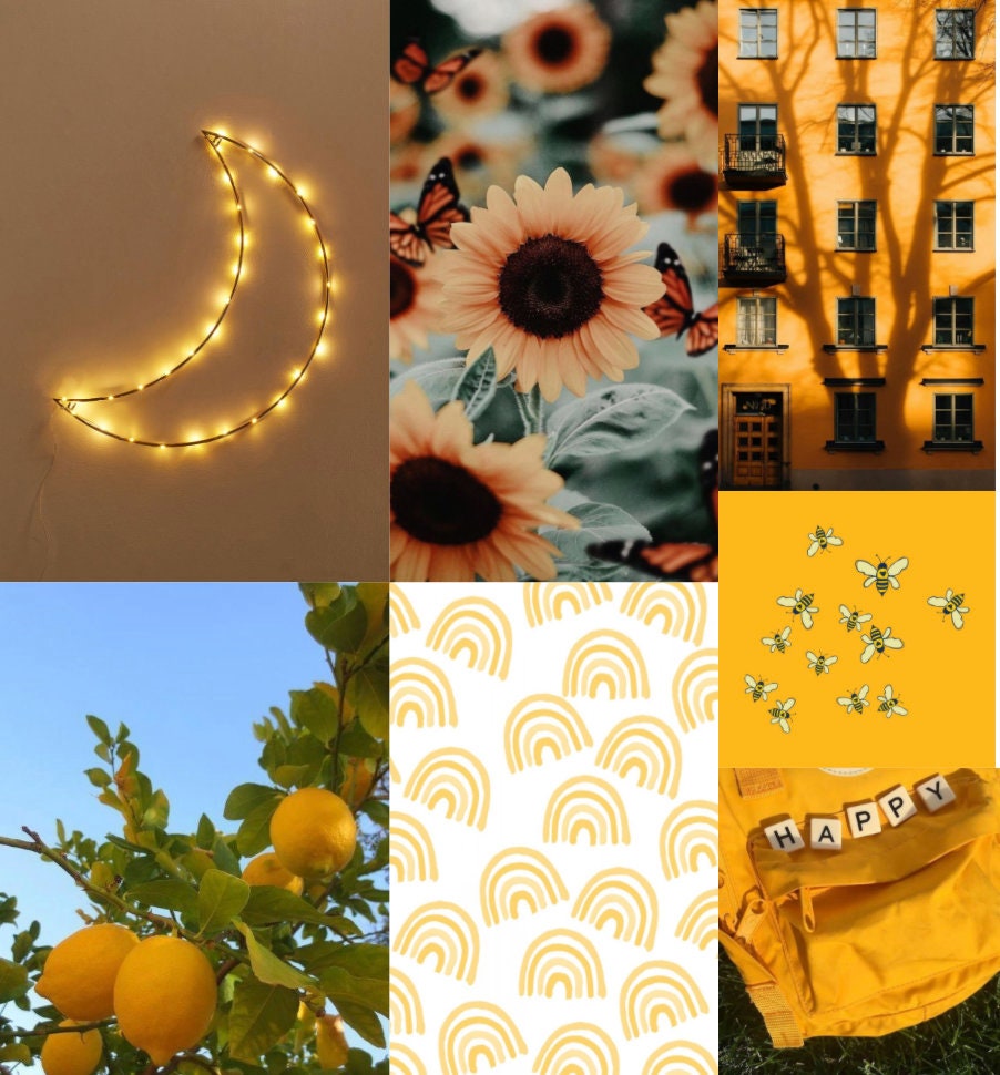 Trendy Yellow Happy Vibes Wall Collage Kit - Digital Download - 70pcs ...
