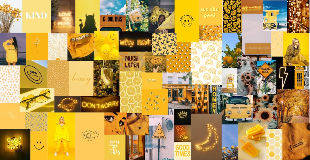 Trendy Yellow Happy Vibes Wall Collage Kit - Digital Download - 70pcs ...