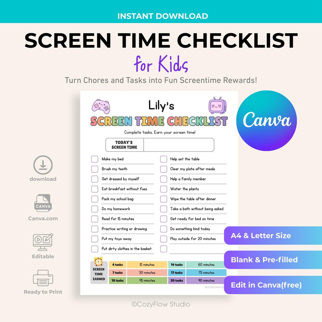 Kids Screen Time Checklist: Earn Rewards for Chores (canva Template) - Etsy