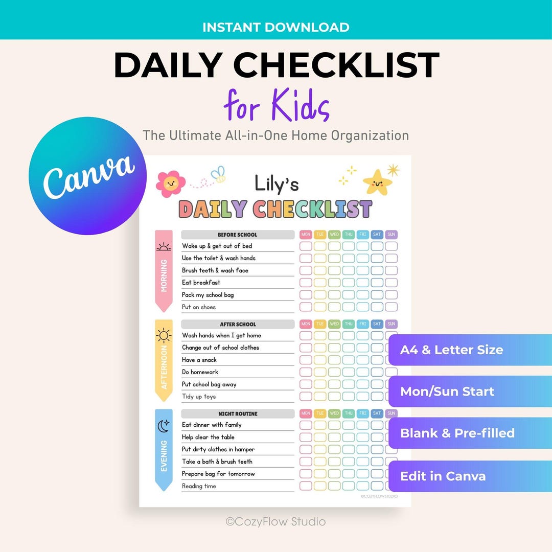 Editable Kids Daily Checklist, Routine Habit Tracker (canva Template ...