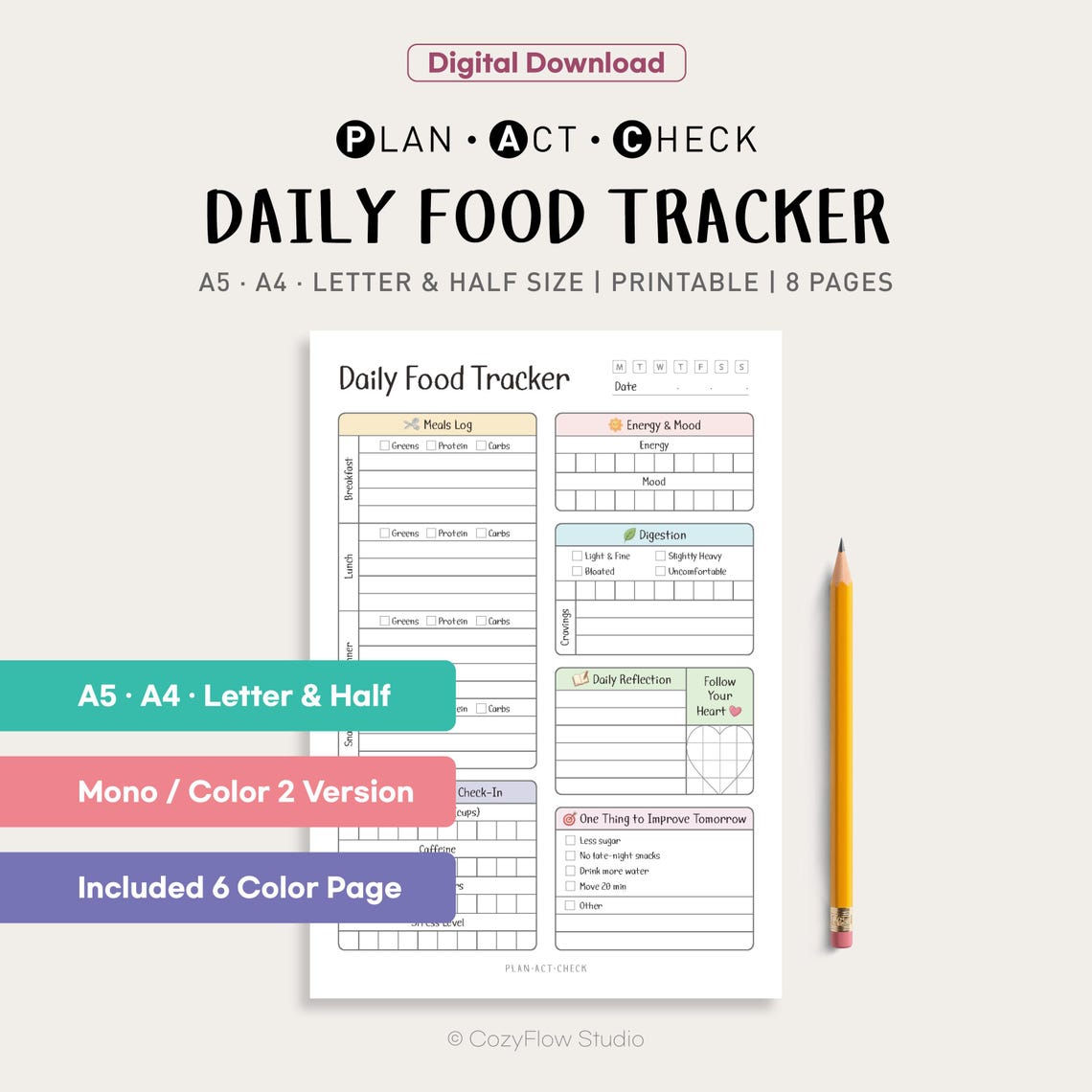 Daily Food Tracker Printable Undated Journal Healthy Eating Weight Loss ...