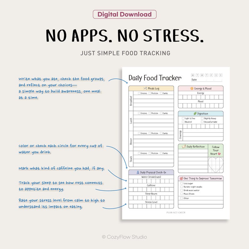 Daily Food Tracker Printable Undated Journal Healthy Eating Weight Loss ...