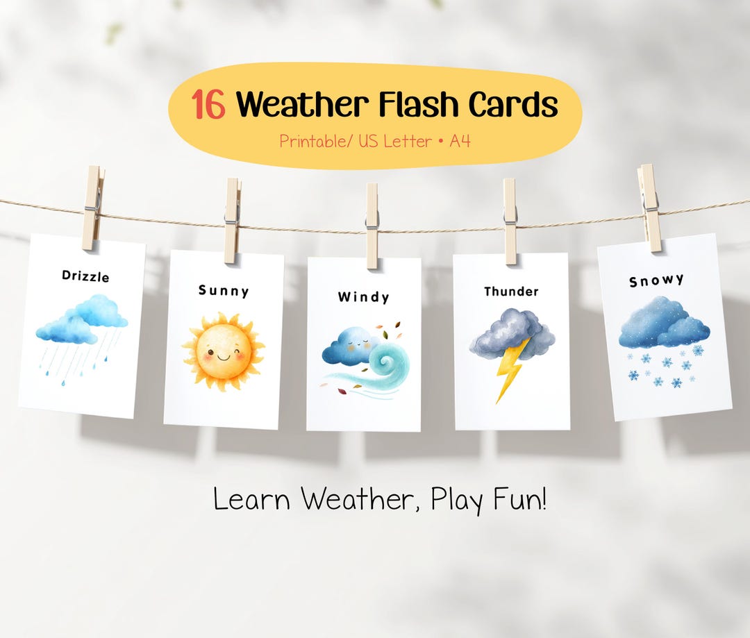 16 Weather Flashcards Printable, Preschool Educational Activity ...