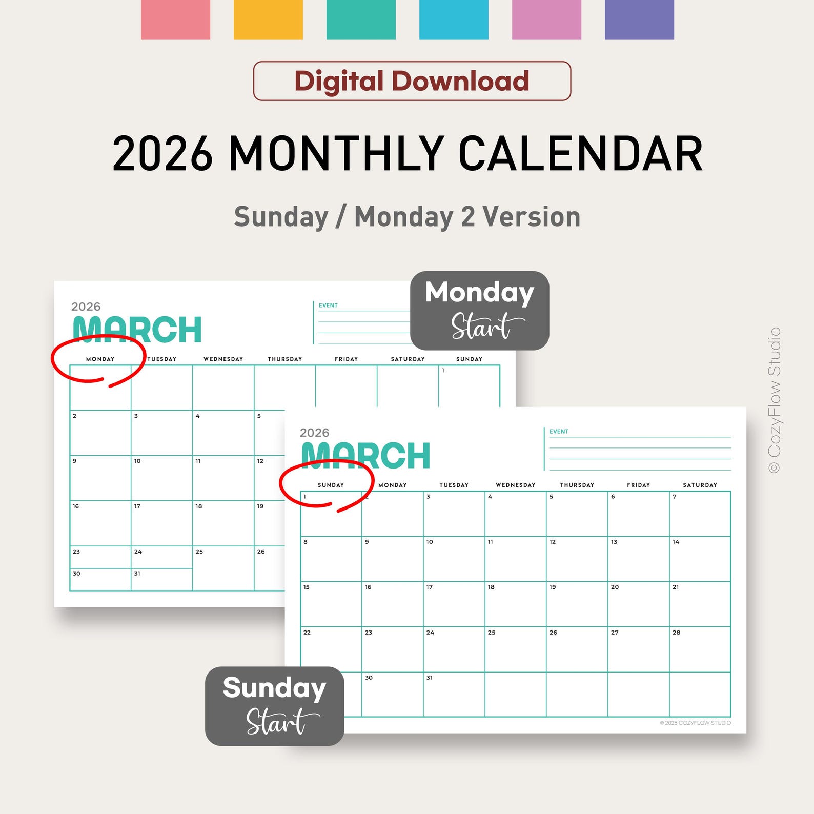 2026 Colorful Printable Monthly Calendar Vibrant Bright Color Planner ...