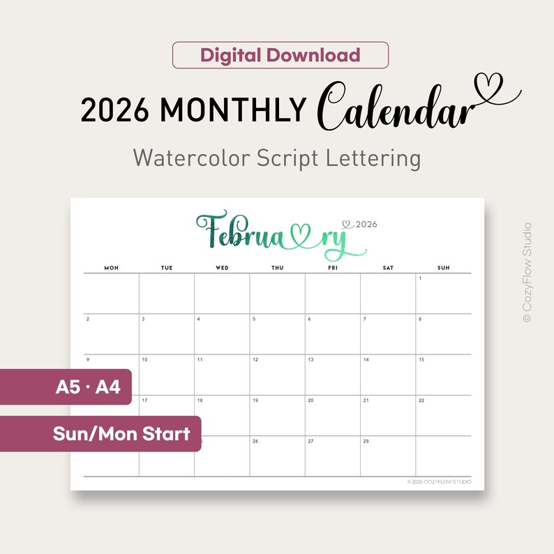 2026 Printable Watercolor Script Calendar Heart Lettering Monthly ...