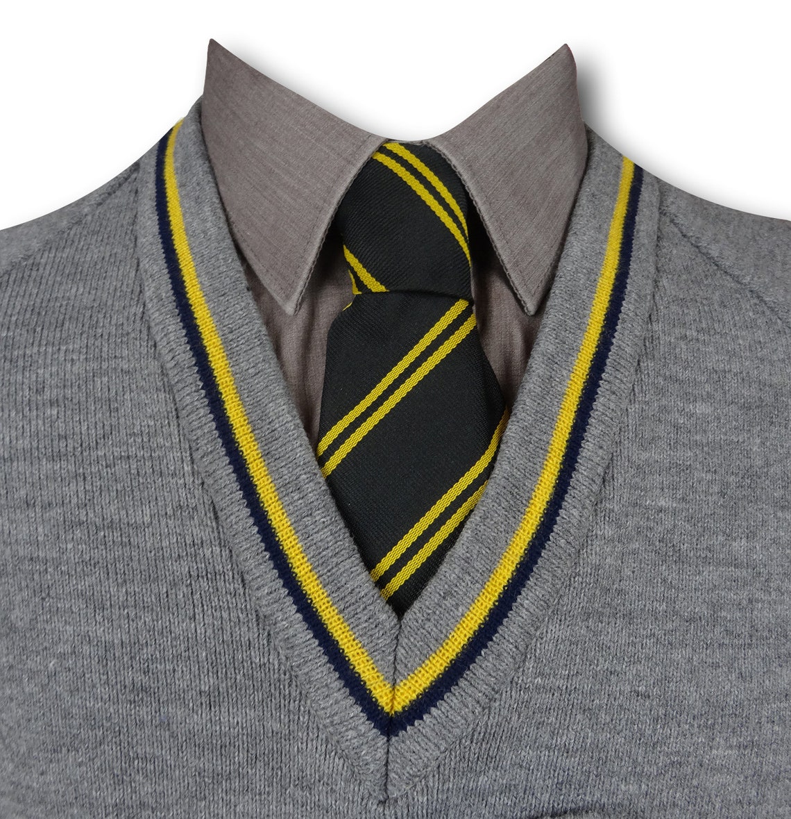 Grey 'V' Neck WOOLLEN School Uniform Jersey With Navy & Yellow Trim at ...