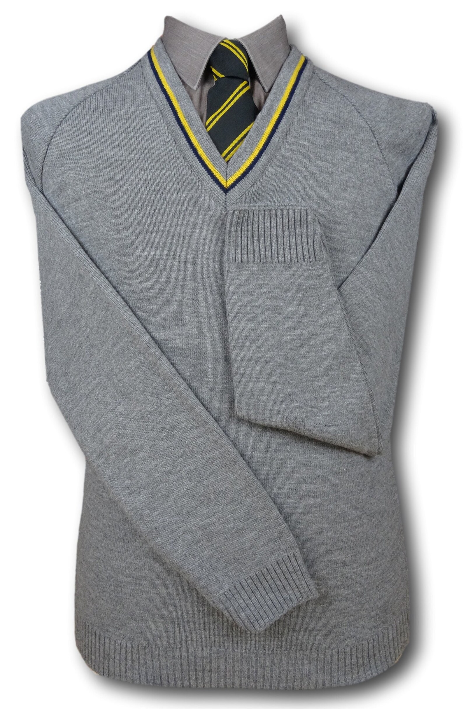 Grey 'V' Neck WOOLLEN School Uniform Jersey With Navy & Yellow Trim at ...